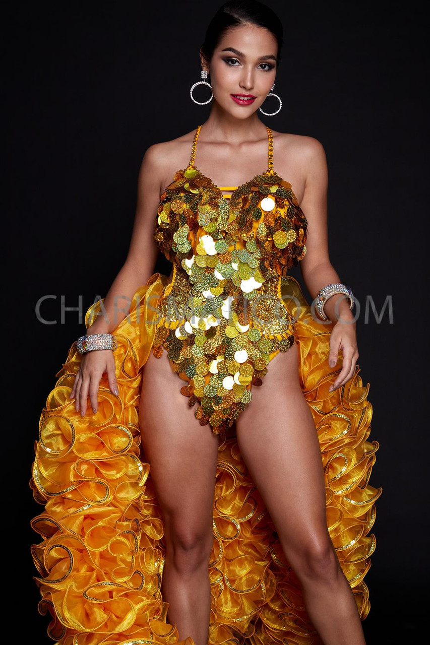 Gold Jumbo Sequin Leotard With Organza Ruffle Boa Tail