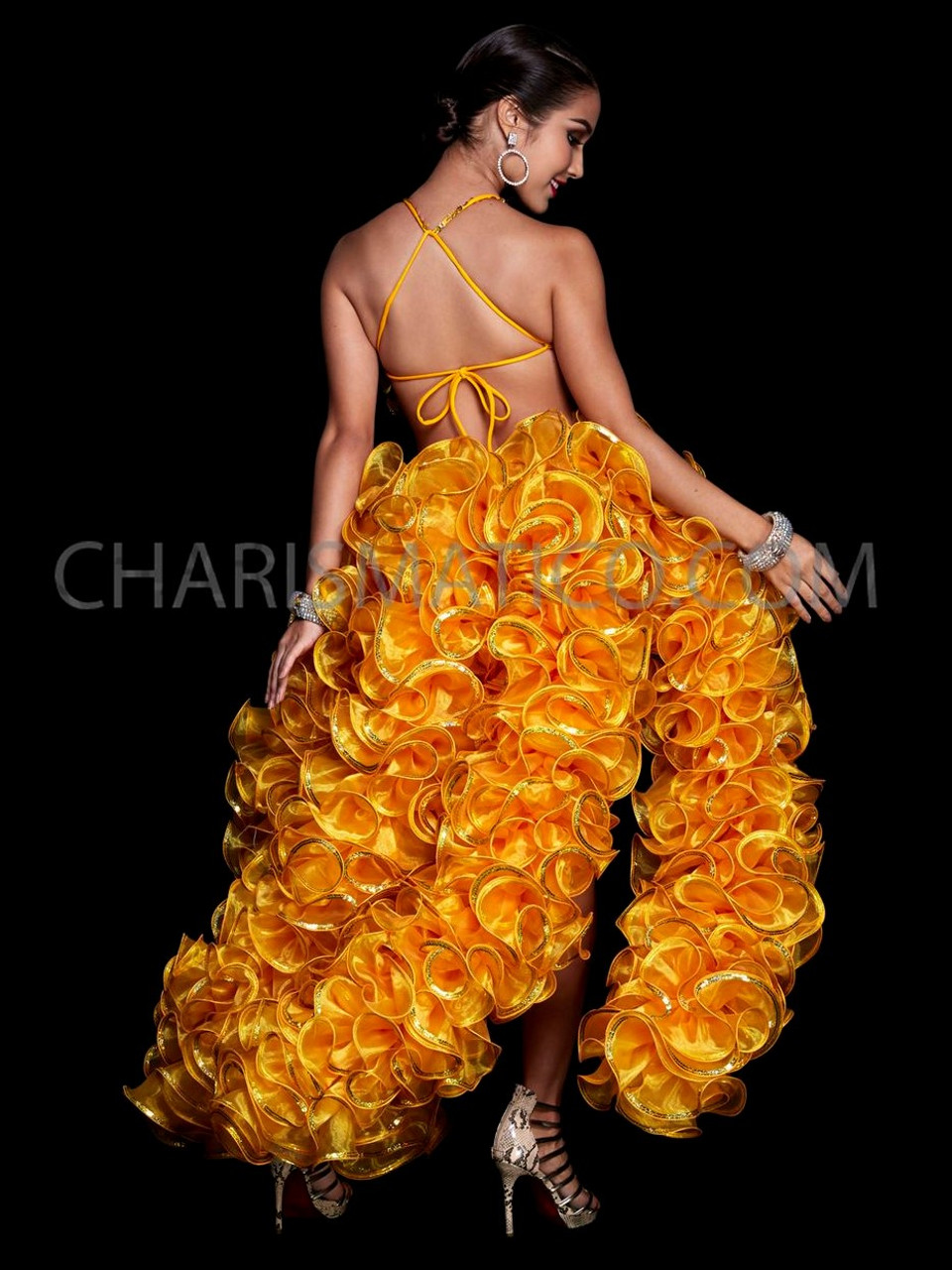 Gold Jumbo Sequin Leotard With Organza Ruffle Boa Tail