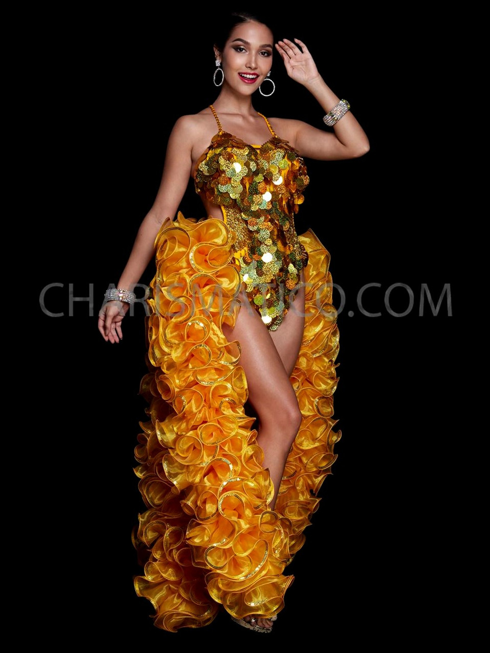 Gold Jumbo Sequin Leotard With Organza Ruffle Boa Tail