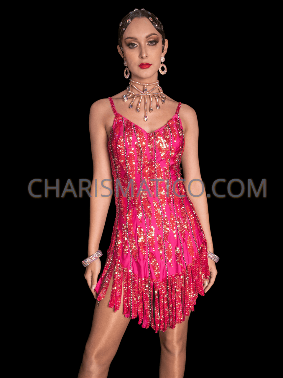 Fuchsia Spark Sequin Salsa Dress With Fringes