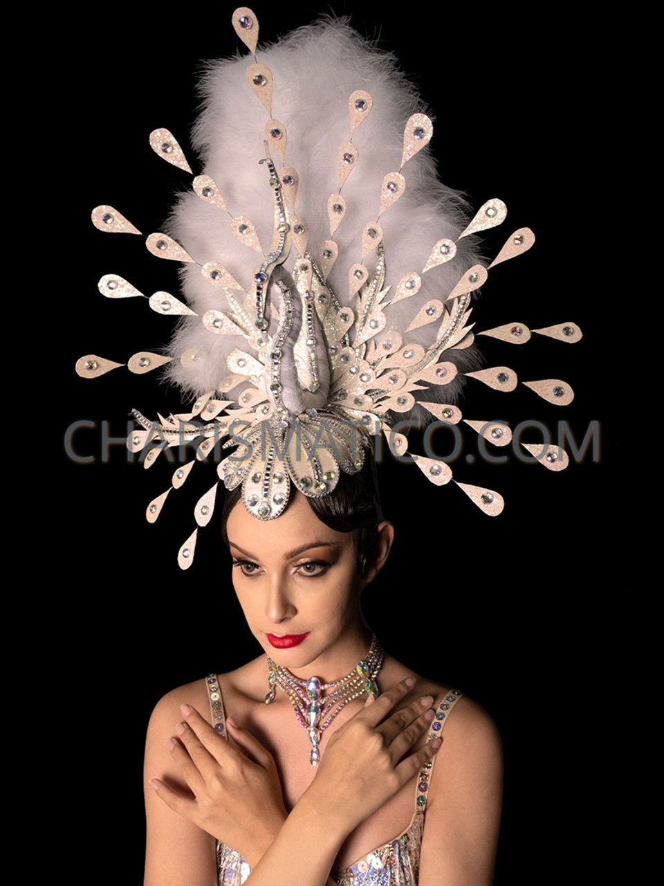 Faded White Feathered Peacock Inspired Goddess Headdress