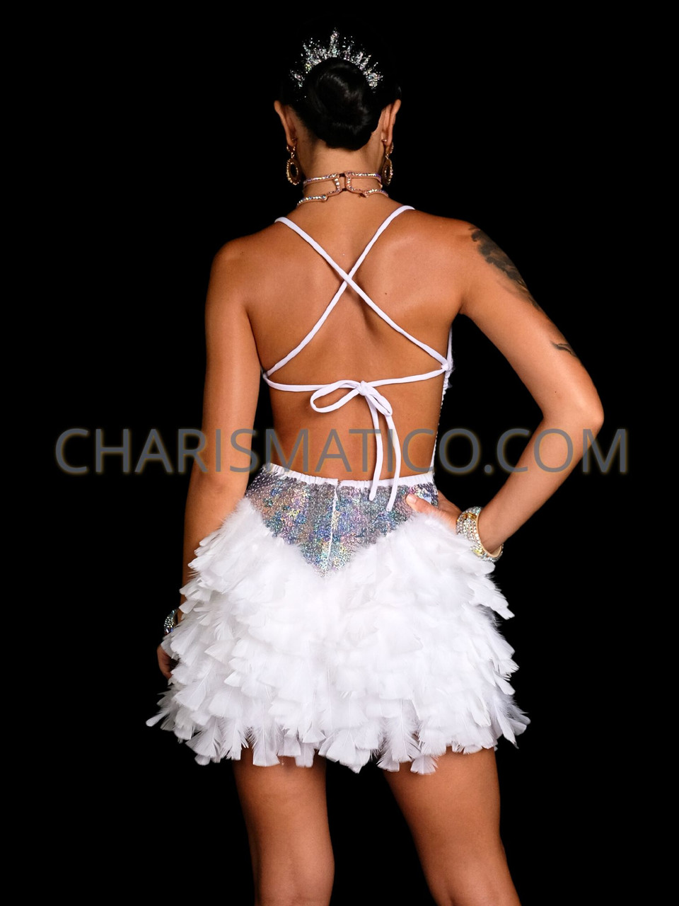 Glamorous Silver Ab Sequin Feather Dress