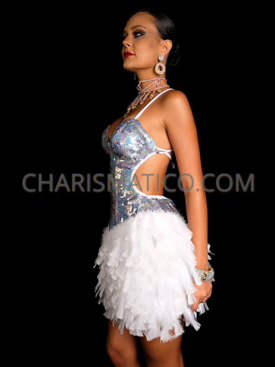 Glamorous Silver Ab Sequin Feather Dress