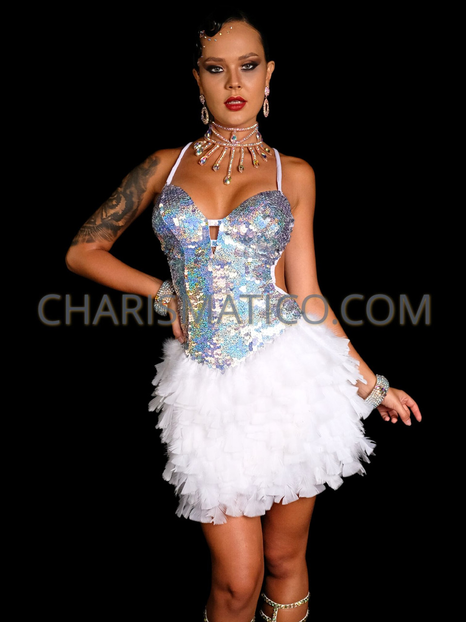 Glamorous Silver Ab Sequin Feather Dress