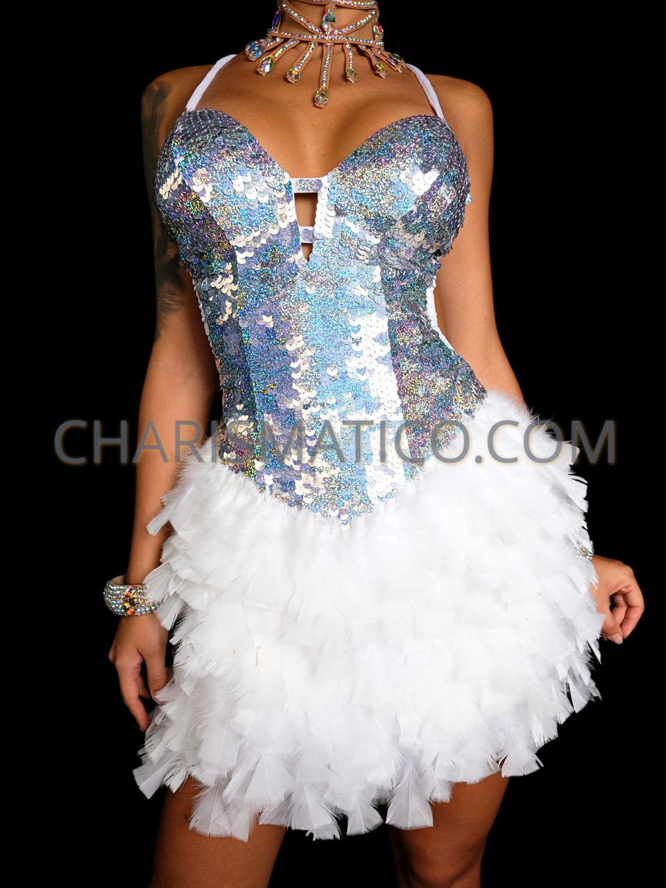 Glamorous Silver Ab Sequin Feather Dress