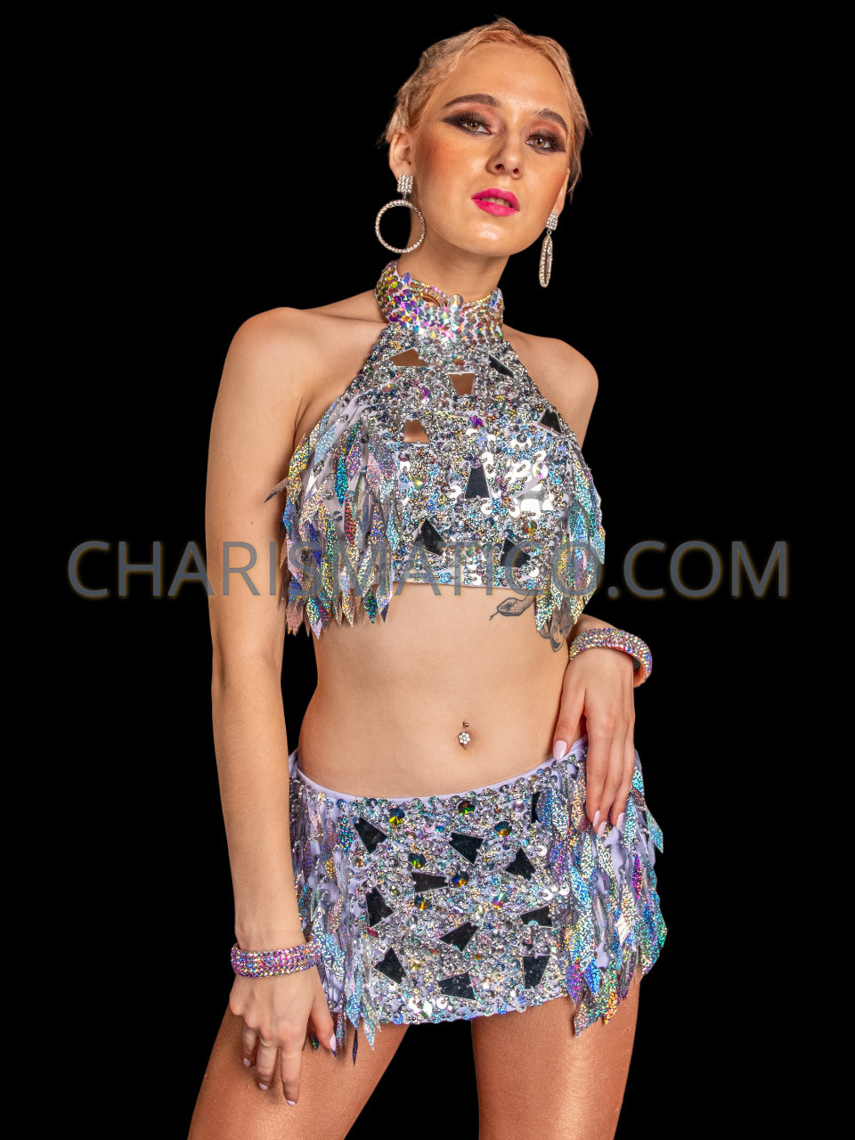 Electro Spark Silver Rave Sequin Top And Skirt