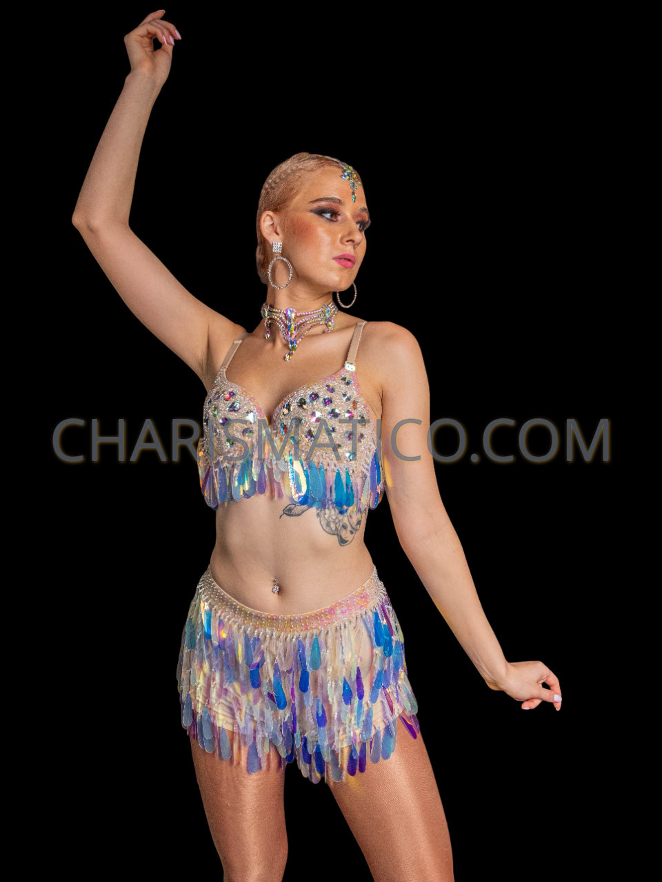 Champagne Teardrop Sequin Rave Bra And Shorts