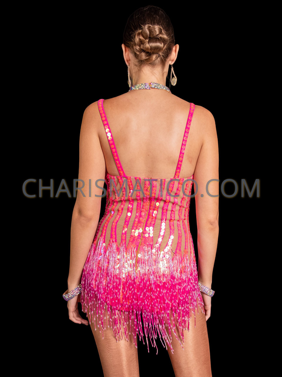 Vibrant Pink Passion Beaded Fringe Dancers Leotard
