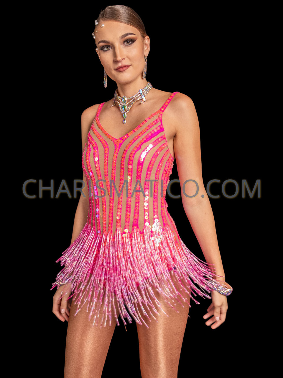 Vibrant Pink Passion Beaded Fringe Dancers Leotard