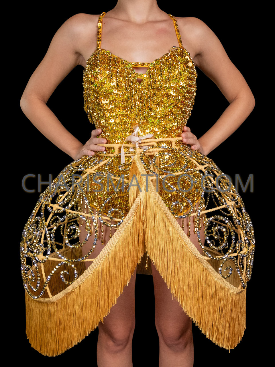 Vegas Gold Sequin Leotard With Beaded Cage Skirt