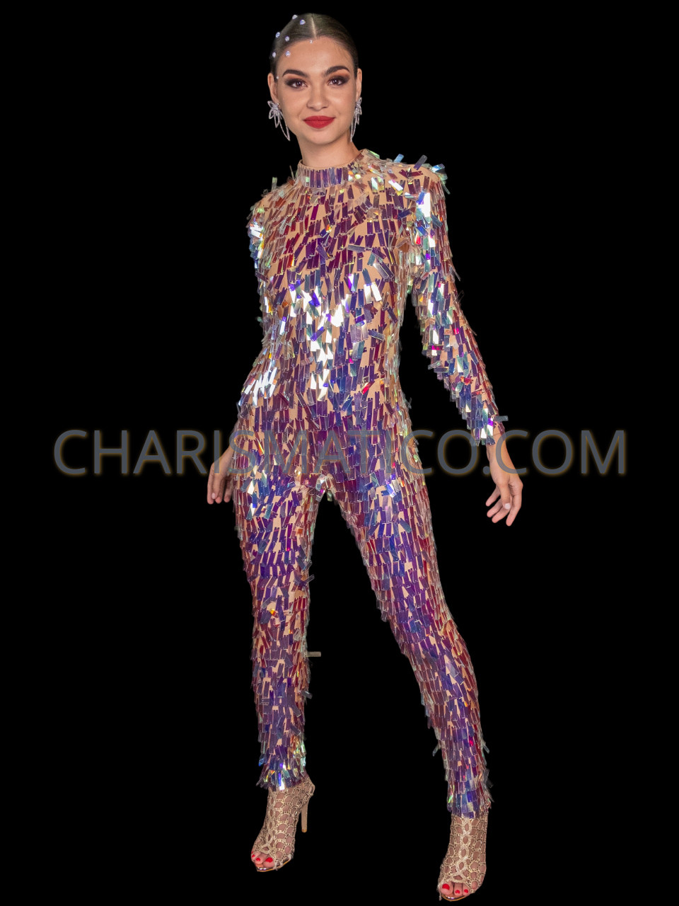 Iridescent Futuristic Disco Rectangular Sequin Catsuit