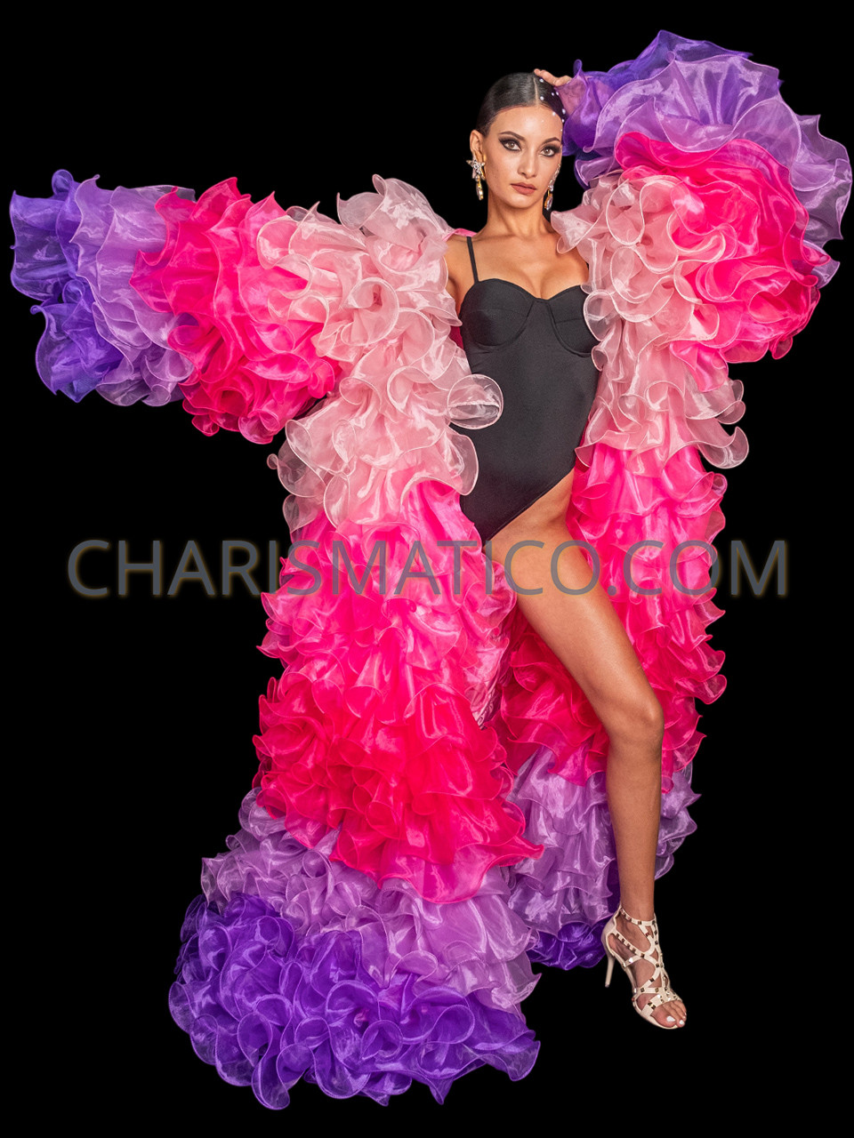 Fabulous Spectrum Organza Drag Queen Ruffle Flare Coat