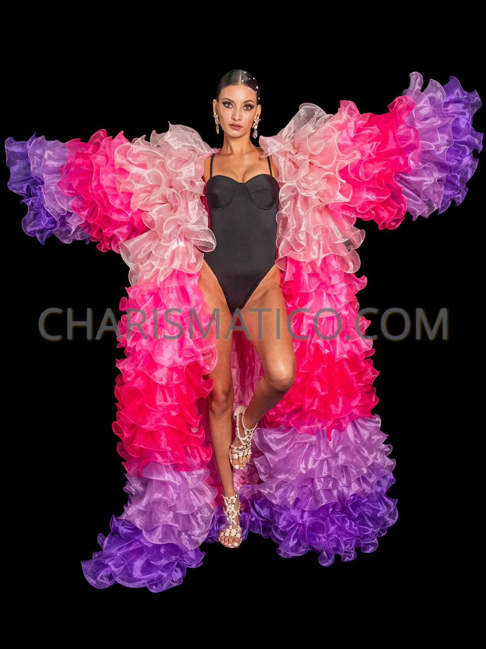 Fabulous Spectrum Organza Drag Queen Ruffle Flare Coat