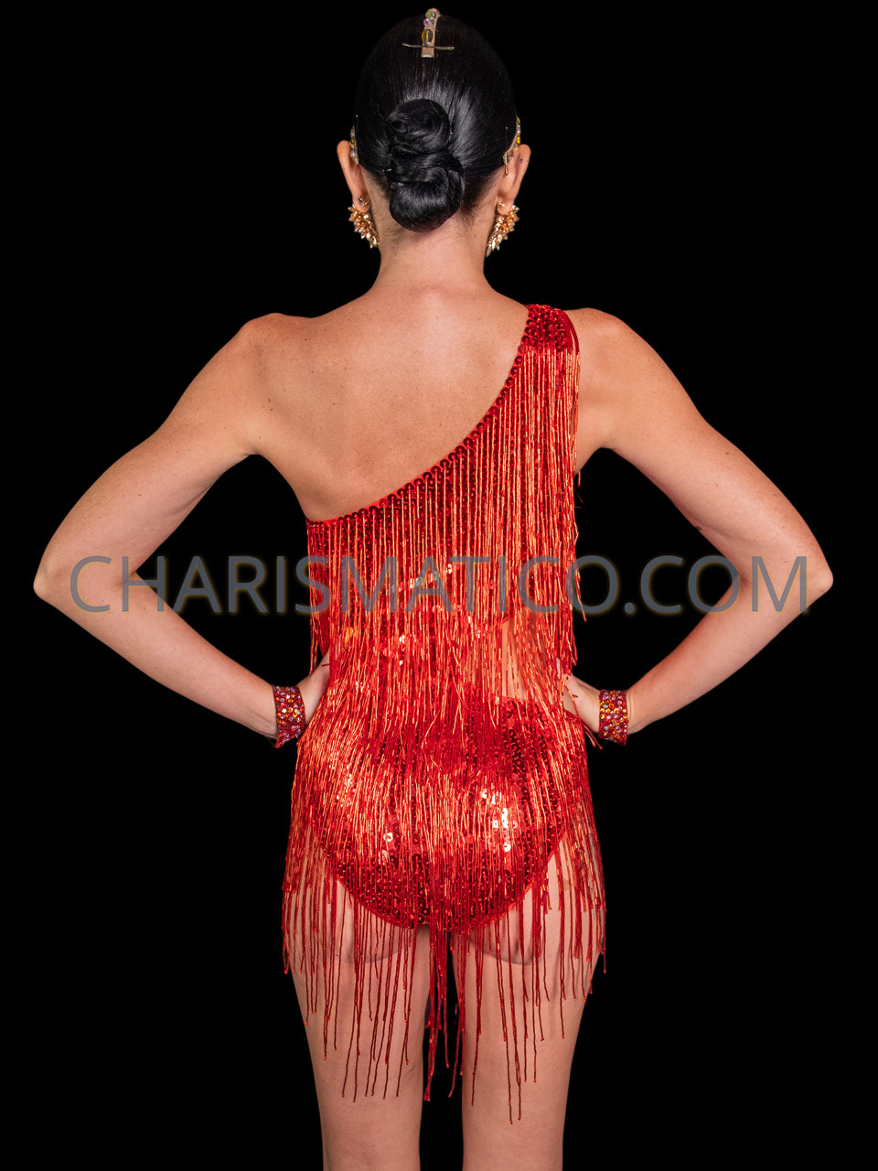 Flirty Red Waist Cutout Beaded Fringe Dance Leotard