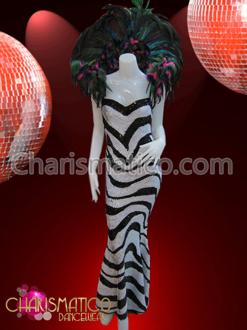 Black And White Zebra Patterned Sequined Drag Queen Pageant Gown