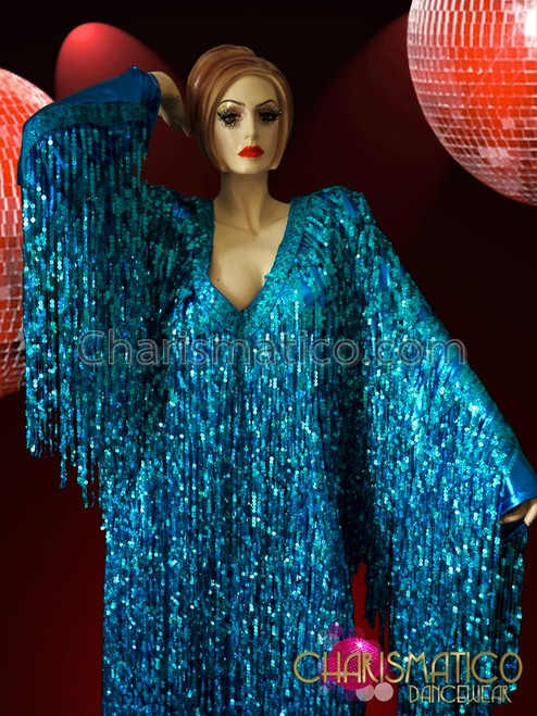 Floor Length V-Neck Metallic Blue Sequin Fringe Drag Queen Gown