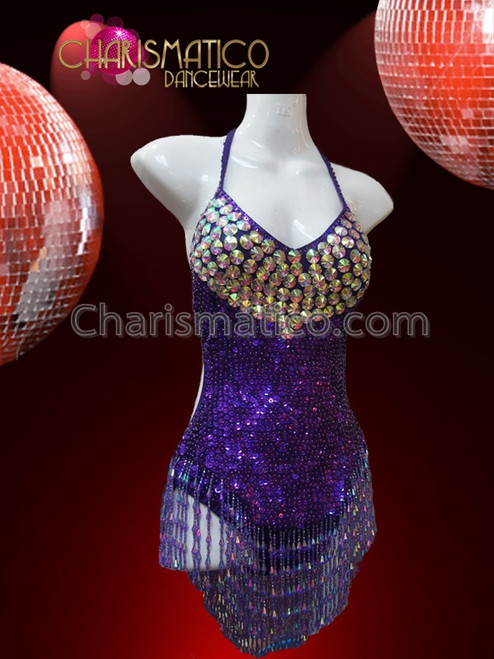 Iridescent Crystal Accented Shimmering Rich Purple Beaded Fringe Sequin