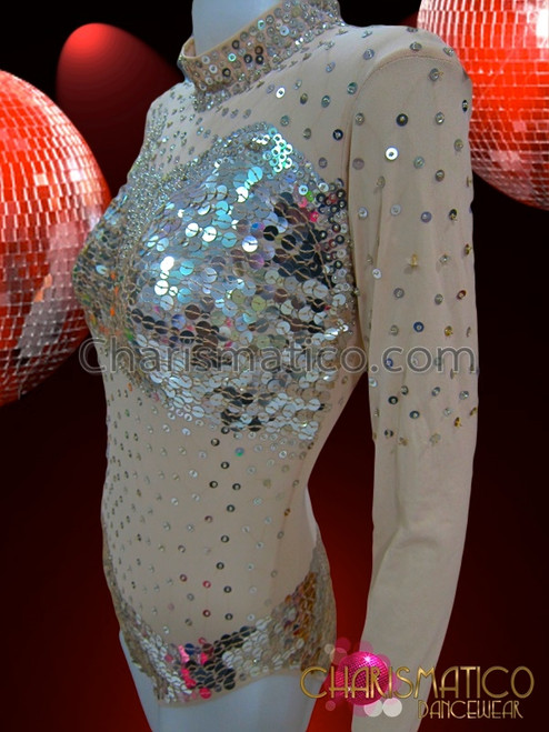 Sequin Accented Mock Turtleneck Long Sleeve Nude Leotard Style Bodystocking