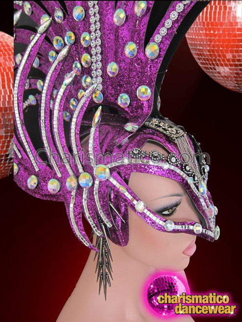 Mask Style Purple Glitter Spiked Mohawk Headdress With Crystal Accents