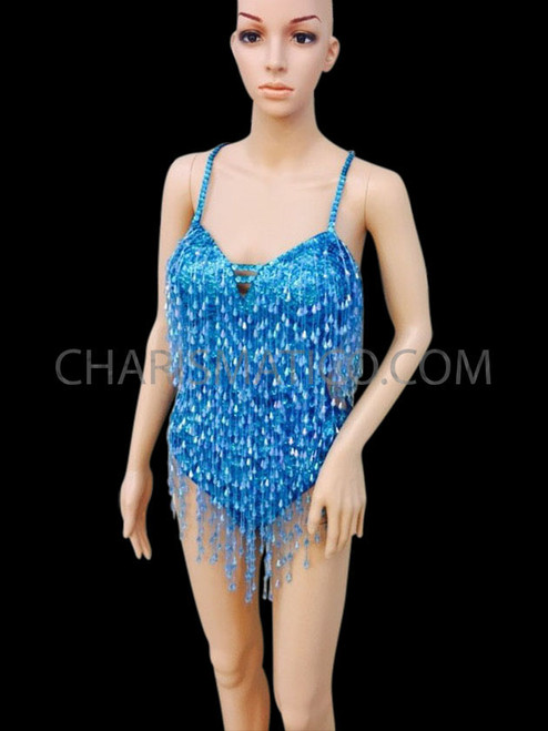 Classic Styled Blue Beaded Fringe Showgirls Costume Base Dance Leotard
