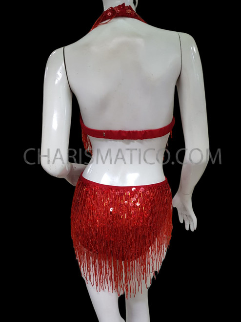 Red Sequin Based Beaded Fringe Divas Leotard With Side Cutouts