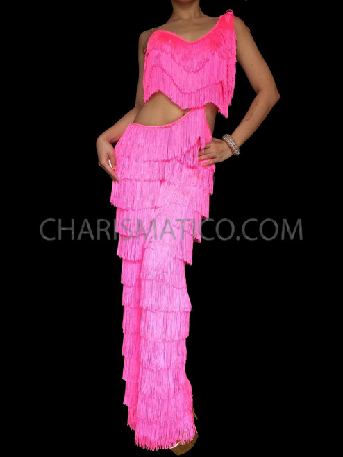 Sleek Asymmetrical Simply Colorful Neon Pink Fringe Latin Dance Pants
