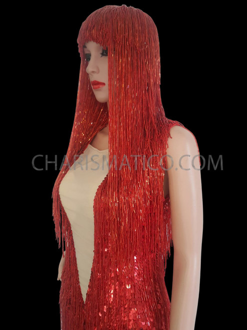 'Take Me Home' Red Fringed Wig And Red Sequin Cher Dress