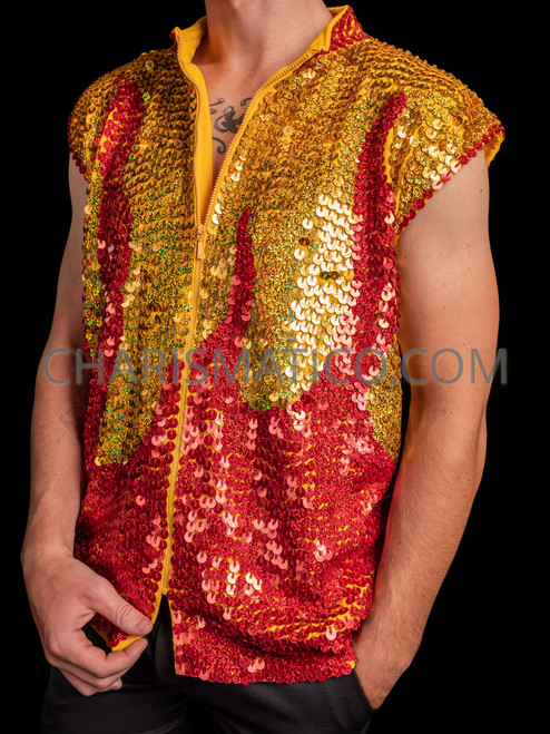 Bright Red Gold Fire Sequin Men Vest