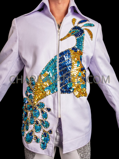 White Exotic Elvis ‘peacock inspired sequin suit