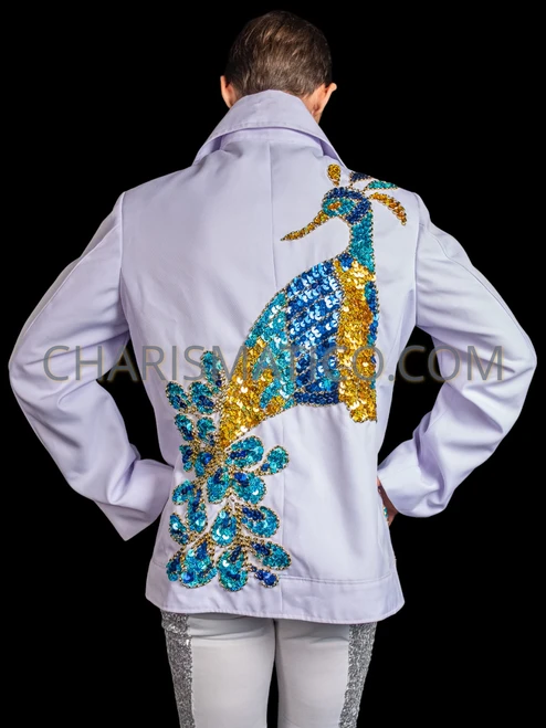 White Exotic Elvis ‘peacock inspired sequin suit