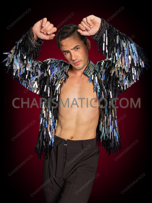 Black Silver Rectangular Sequin Men Dance Jacket