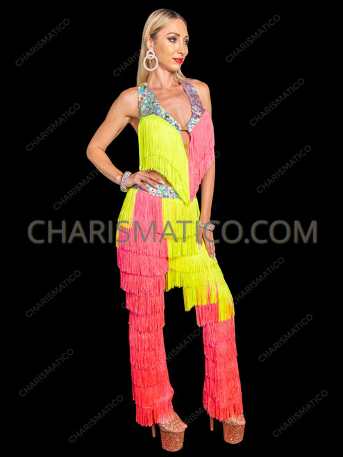 Neon Yellow and Pink Two-Tone Let's Dance Fringe Jumpsuit
