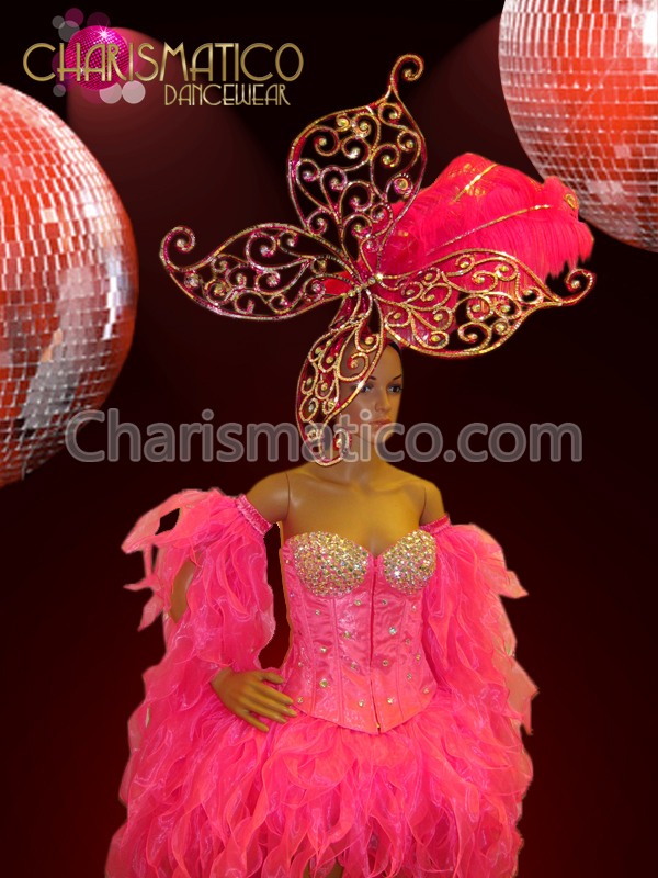 Shimmery Hot Pink Fluffy Flame Ruffle Burlesque Diva Corset Dress