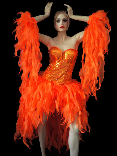 Orange Corset Styled Organza Flame-Ruffled Diva'S Fluffy Dress ...