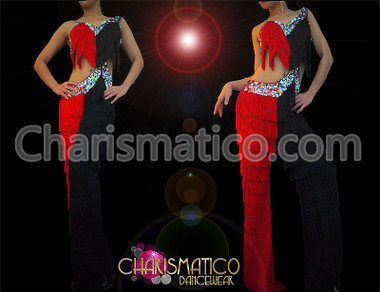 Asymmetrical Black And Red Fringe Dance Pants And Fringe Top