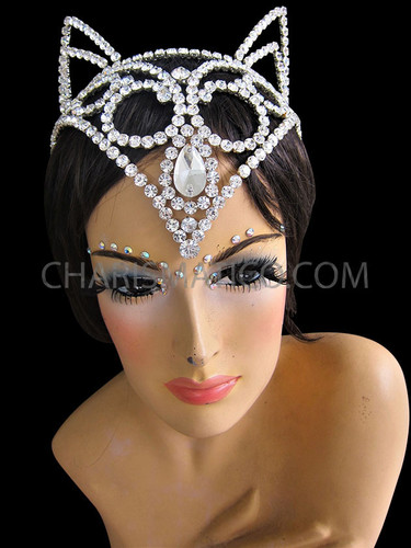 Diva's Sleek Iridescent Rhinestone Crystal Swirled Cap Cat Ear Headpiece