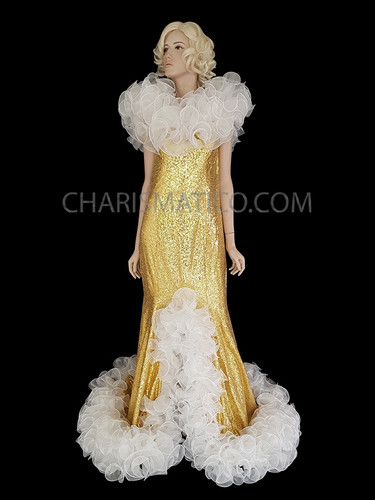 Champagne Gold Sequinned Ruffled Drag Queen Diva Gown