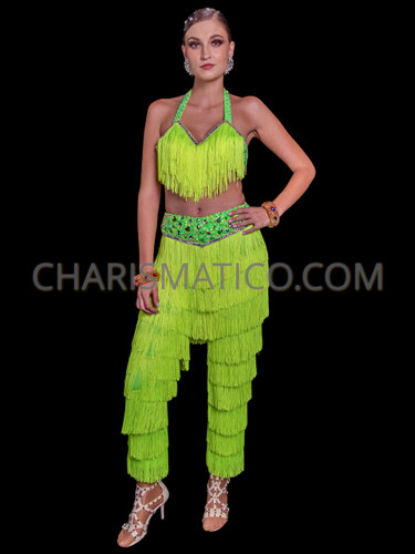 Neon Green Fringe Halter Top & Fringe Dance Pants Set