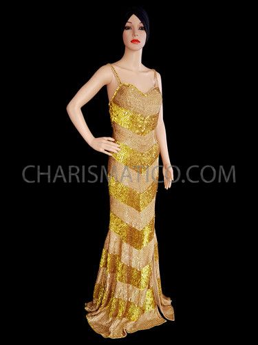 Elegant Diagonal Stripe Gold Beaded Pageant Gown With Iridescent Sequin ...