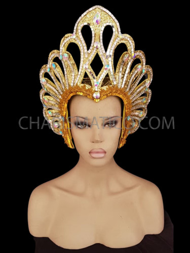 Gold Drag Queen Headdress With Golden Mirror Tiles And Iridescent Crystals