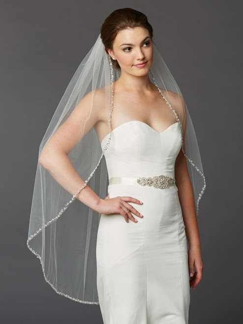 42" inches - Mariells Beaded Edge Long Fingertip Wedding Veil 4466V-I