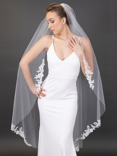 Mariell Stunning Ivory Waltz Length Cut Edge Bridal Veil with Floral ...