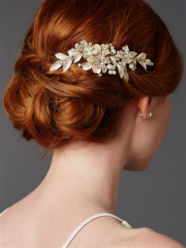 Designer Bridal Hair Comb with Hand Painted Gold Leaves and Pave ...
