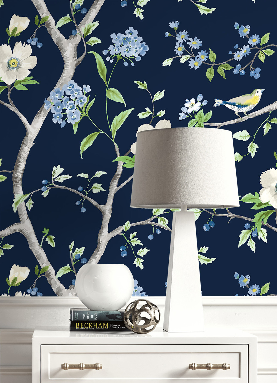 LN21312 Floral Trail Navy Blue Spring Green Wallpaper Traditional Style ...