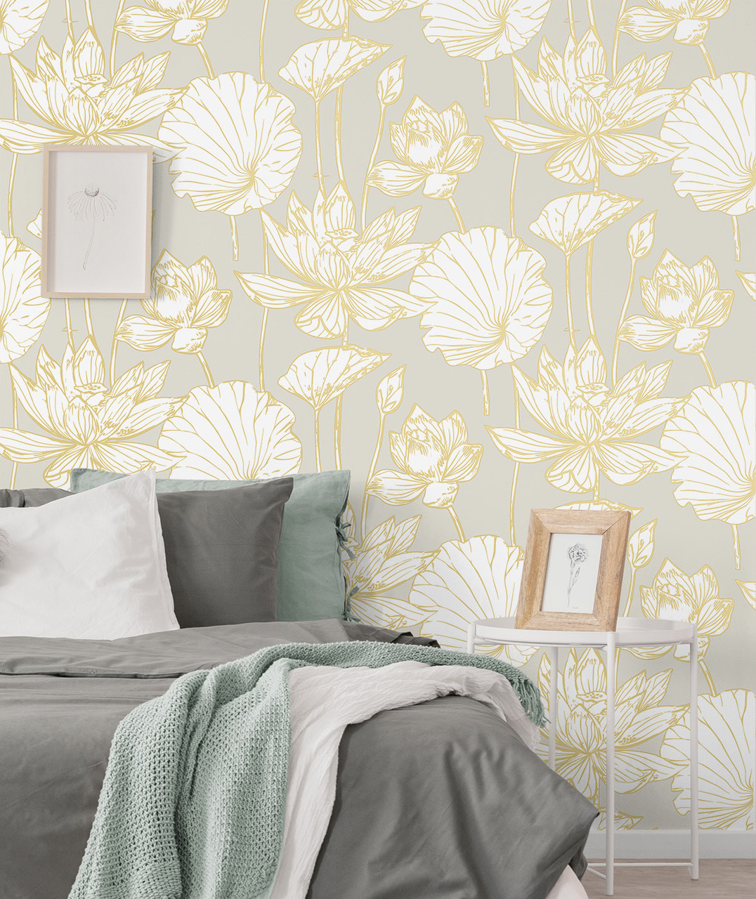 PR11308 Lotus Floral Prepasted Gray Gold Wallpaper Contemporary Style ...
