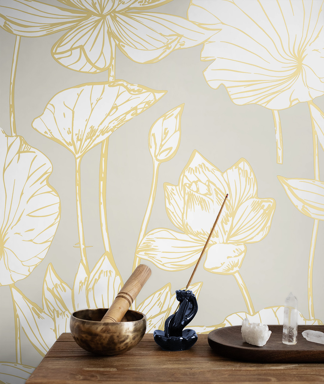 PR11308 Lotus Floral Prepasted Gray Gold Wallpaper Contemporary Style ...