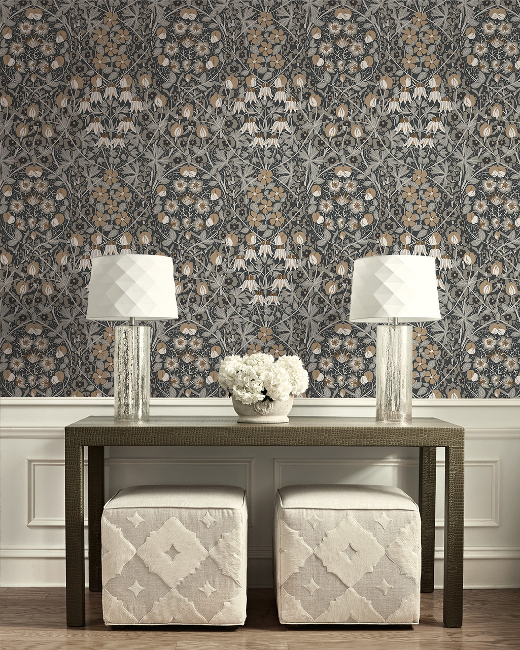 PR10405 Tulip Garden Prepasted Wrought Iron Chamois Gray Wallpaper ...