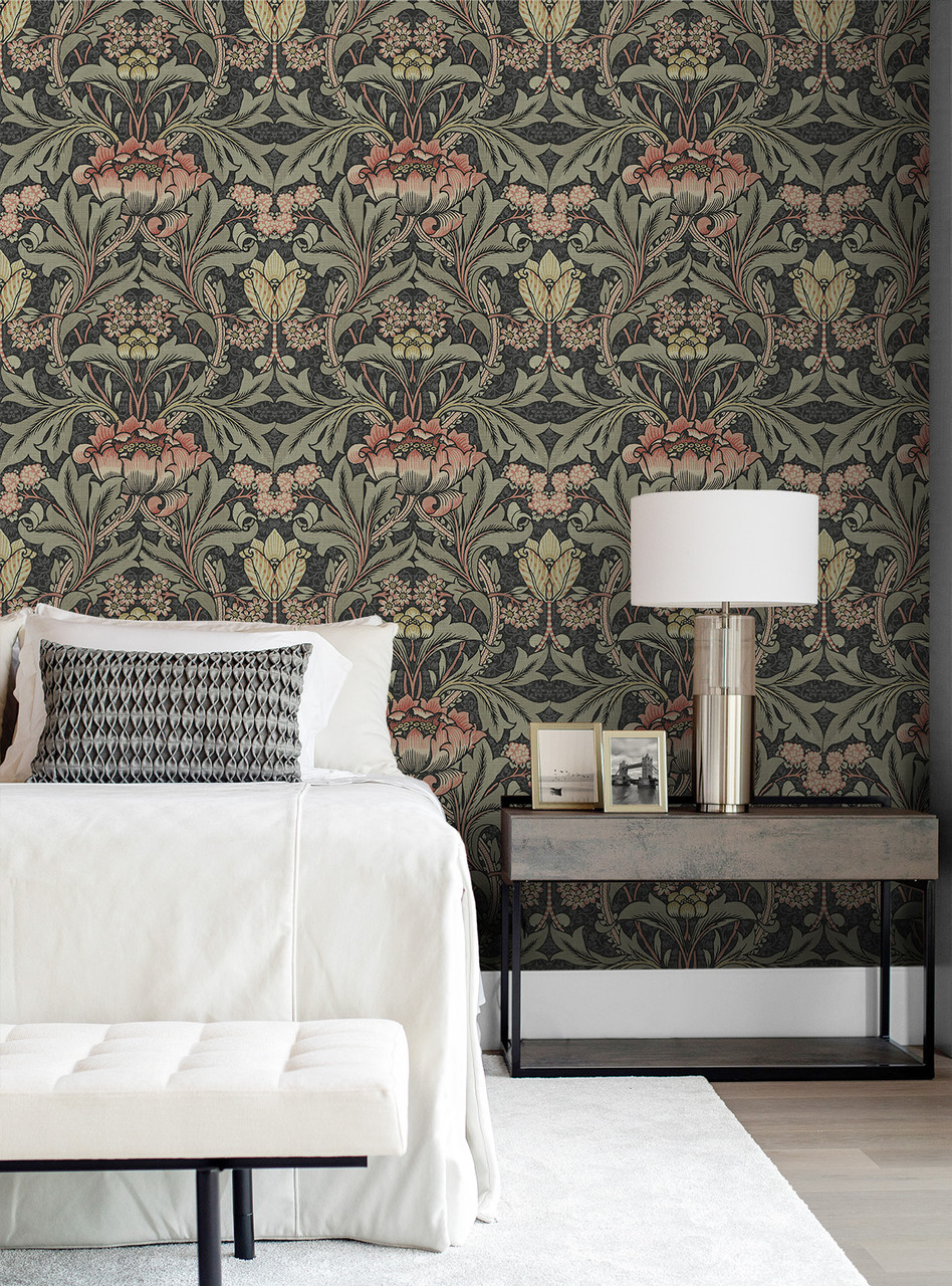 PR10001 Acanthus Floral Prepasted Charcoal Rosewood Black Wallpaper ...