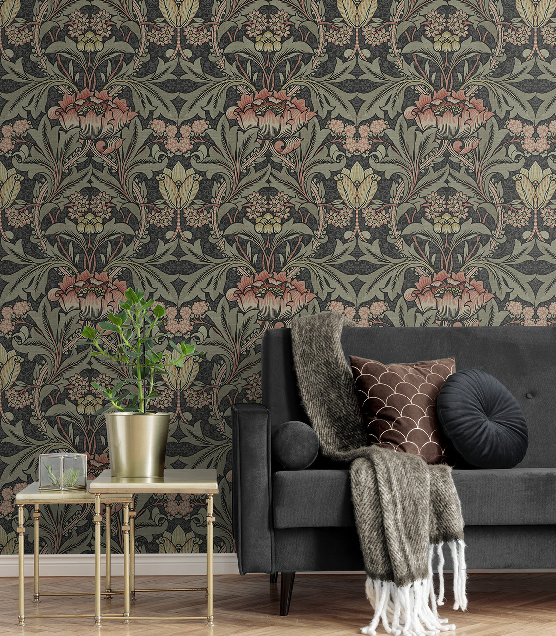 PR10001 Acanthus Floral Prepasted Charcoal Rosewood Black Wallpaper ...