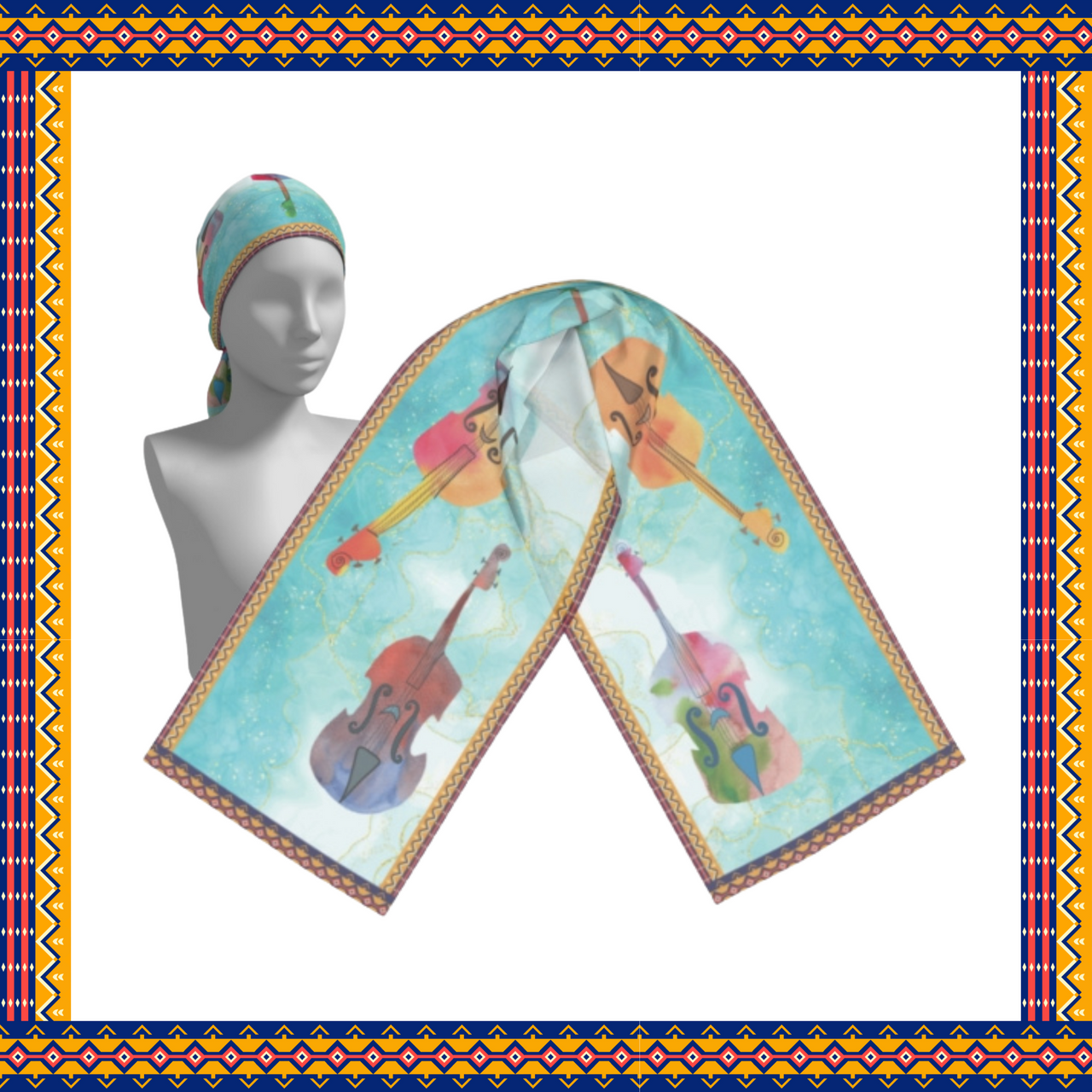 100% Silk Violin Cover Blanket - Blue Silk Scarf - Violin Print